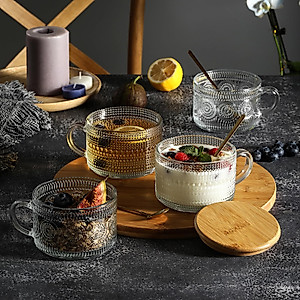 6 Pack 14oz Vintage Glass Coffee Mugs with Bamboo Lids and Spoons, Green Embossed Drinking Glasses for Iced Coffee, Tea, Latte - Cute Coffee Bar Accessories