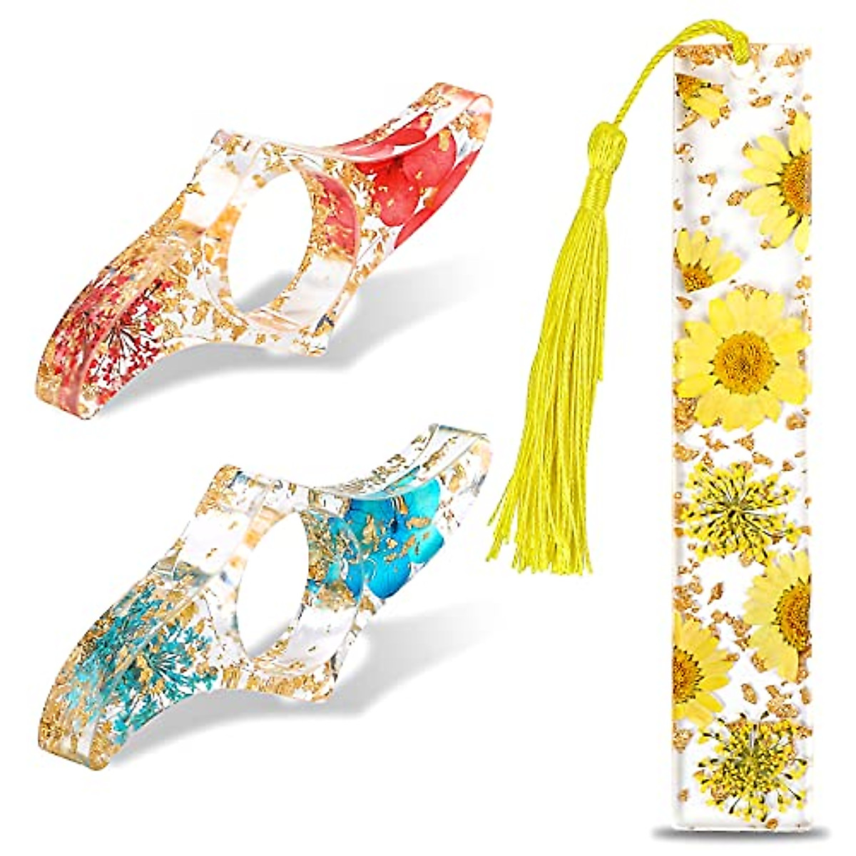 Dried Flower Book Page Holder for Reading,2 Pieces Thumb Book Page Holder and 1 Piece Resin Bookmark with Tassel Cute Book Accessories for Reading Lovers Book Marks for Book Lovers Gifts