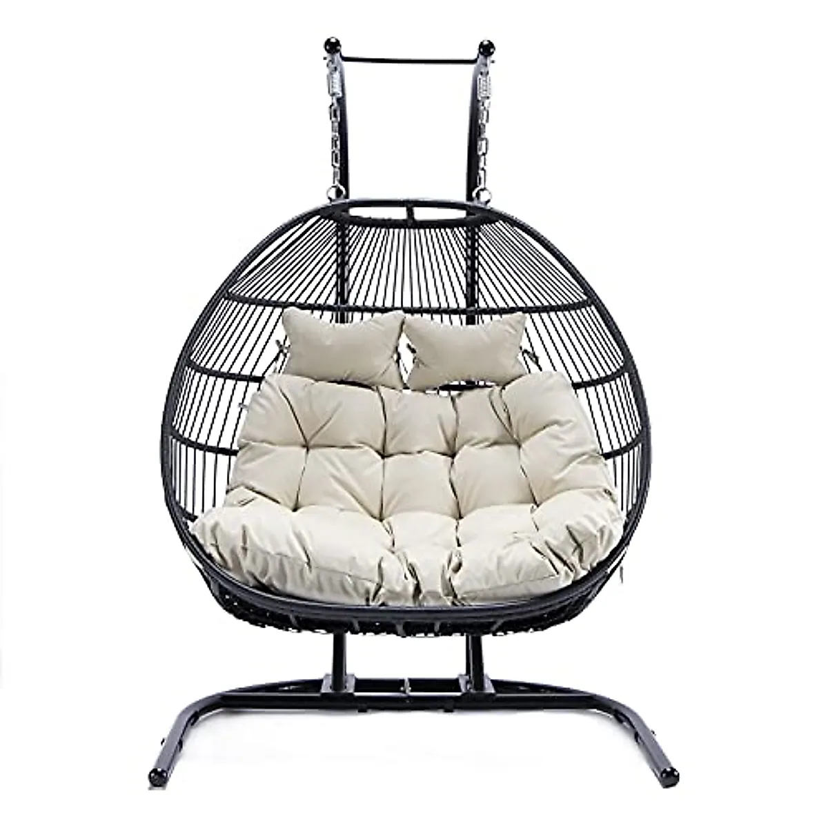 LeisureMod Wicker 2 Person Double Folding Hanging Egg Swing Chair (Beige)