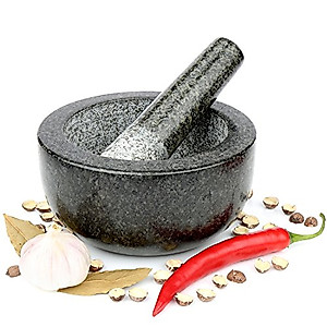 H&S Pestle and Mortar Set Large Premium Solid Granite Stone Black - 16cm(6.3") Diameter