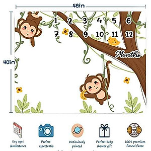 Naughty Little Monkey Baby Monthly Milestone Blanket for Boy Girl, Baby Blanket with Month Marker Frame, 48x40in，1-12 Months Milestones, for Baby Showers and Newborn BTZYFH7