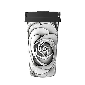 GTKSYNVE Reusable Coffee Mug with Lid and Handle, Black White Rose Tumbler for Hot & Cold Drinks 16oz Stainless Steel Insulated Coffee Tumblers Double Wall Vacuum Thermal Cup