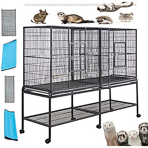 54" Large Double 3-Levels Small Animals Critters Wrought Iron Chew Proof Cage Center Slide Out Divider Tight 1/2-inch Bar Spacing Removable Rolling Stand Ferret Squirrel Chinchilla Rat Mouse