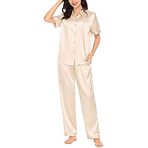 SWOMOG Silk Pajama Set for Womens Solid Satin Loungewear Short Sleeve Pj Set Button Down 2 Pcs Nightwear with Pants with Pockets Champagne