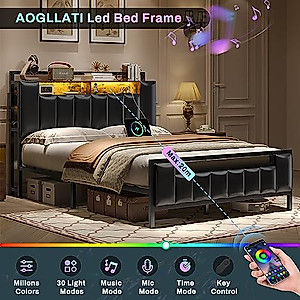 AOGLLATI Full Bed Frame with Hidden Storage Headboard,Metal Bed Frame Full Size with Charging Station and 2-Tier Storage Headboard, Full Bed with Led Lights and Metal Slats, No Box Spring Needed