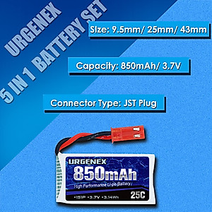URGENEX 3.7V Lipo Battery 850mah Rechargeable Lipo with JST Plug X5 Charger for MJX Syma Holy Stone Sky Viper RC Quadcopter Drone X56W X400 X400W X300C X400C X800 HS110 HS200 S670 V950hd S1750 V2450