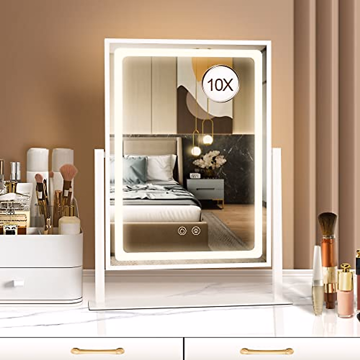 BRIGHTINWD Hollywood Vanity Mirror with Lights,Touch Control 3 Color Lighting Modes for Bedroom, Detachable 10X Magnification , 360°Rotation (16 in, White)