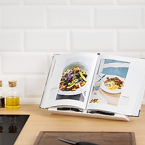 Navaris Bamboo Book Stand - Hands-Free Reading Recipe Cookbook Tablet Holder with 2 Adjustable Metal Page Holders with Grips - Bamboo Easel - White