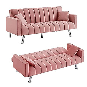 AWQM Sofa Bed, Upholstered Convertible Sofa Bed with 2 Pillows, Modern Sleeper Sofa Couch with Wooden Frame and Metal Legs, Comfortable Velvet Sofa Suitable for Living Room Bedroom Office (Pink)