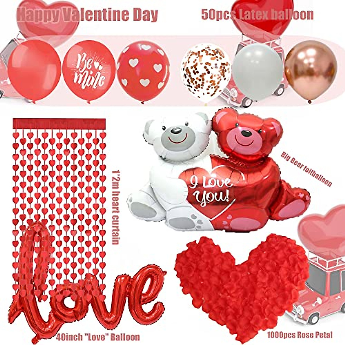 Valentine Day Balloon Decorations Kit, SCMDOTI Valentine Day Balloons Arch Garland with Red Love and Bear Foil balloon,1000pcs Rose Petals for Valentine Day Decorations, Romantic Night, Anniversary