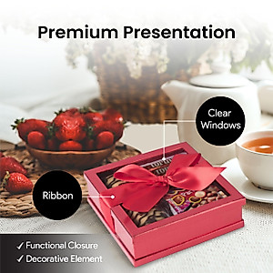 Hammont Clear Window Gift Boxes - 3 Pack - Multipurpose Bakery Boxes with Ribbon | Treat Boxes Perfect for Party Favors, Cookies and Cupcakes (Red, 6” x 6” x 2”)