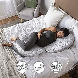 Boppy Total Body Pregnancy Pillow with Easy-on Removable Pillow Cover in Gray Scattered Leaves for Full-body Support, Body Pillow for Pregnancy and Postpartum Positioning