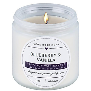Vera Rose Home Blueberry & Vanilla Scented Soy Candle Long Burning Highly Scented Candles 60+ Hours Clean White Vegan Candle Odor Eliminating Candle Safe for Pets 12oz Jar