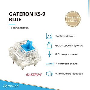 Ranked Gateron ks-9 Key Switches for Mechanical Gaming Keyboards | Plate Mounted (Gateron Blue, 10 Pcs)