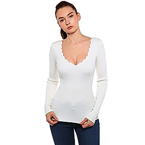 AmélieBoutik Women Scallop Trim V Neck Long Sleeve Ribbed Pullover Sweater (Ivory White Large)