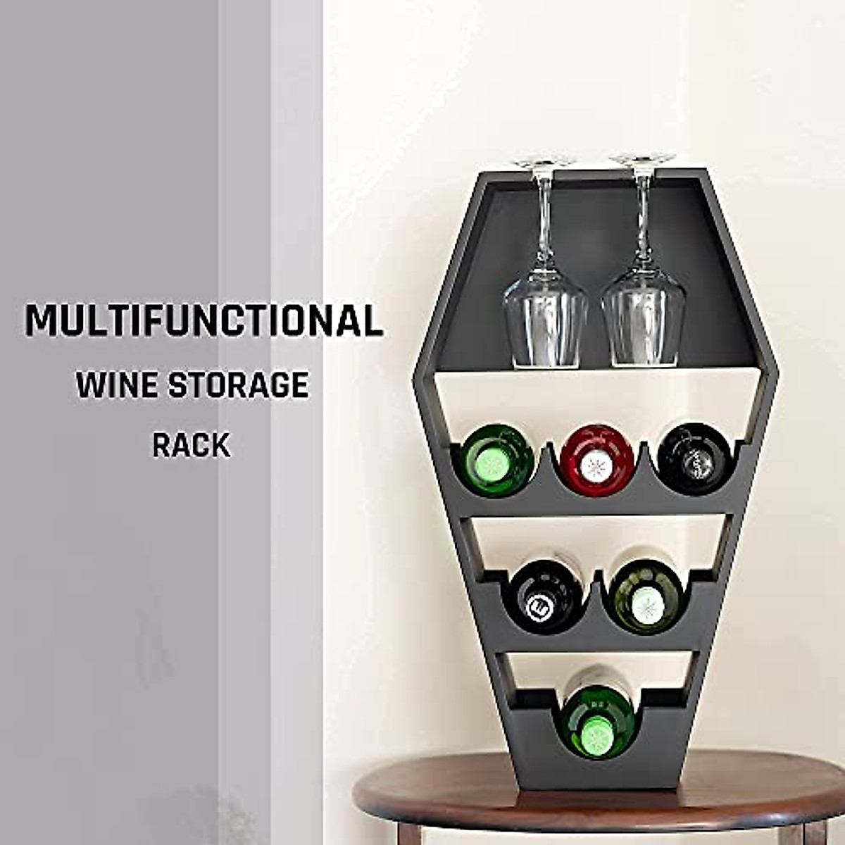 HippoProof Coffin Wine Rack Countertop - Wood Coffin Rack for Kitchen or Living Room - Black Wooden Coffin Shelf Bottle Holder - Gift on Any Occasion, Length: 7 inches , Height: 25 inches x 15 inches