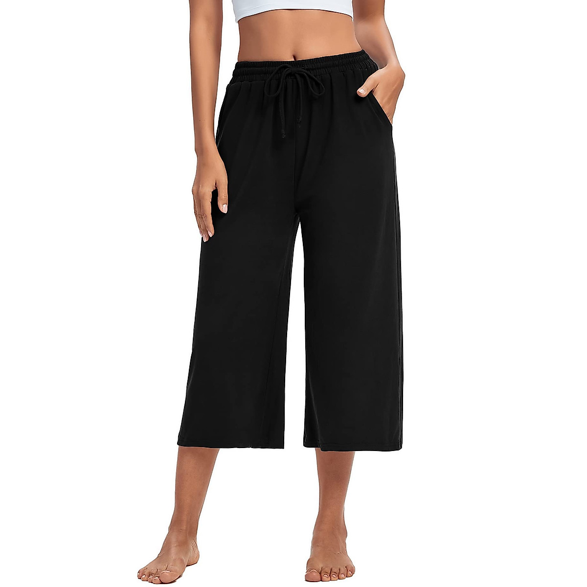 ASIMOON Capris for Women Loose Wide Leg Shorts Yoga Cropped Pajama Pants Pull on Summer Lounge Pants Culottes with Pockets