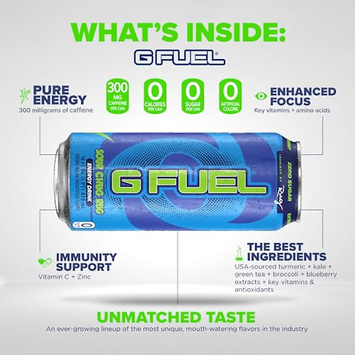 G Fuel Chug Rug Energy Drink, Sugar Free, Healthy Drinks, Zero Calorie, 300 mg Caffeine per Carbonated Can, Sour Blue Flavor, Focus Amino, Vitamin + Antioxidants Blend - 12 Pack