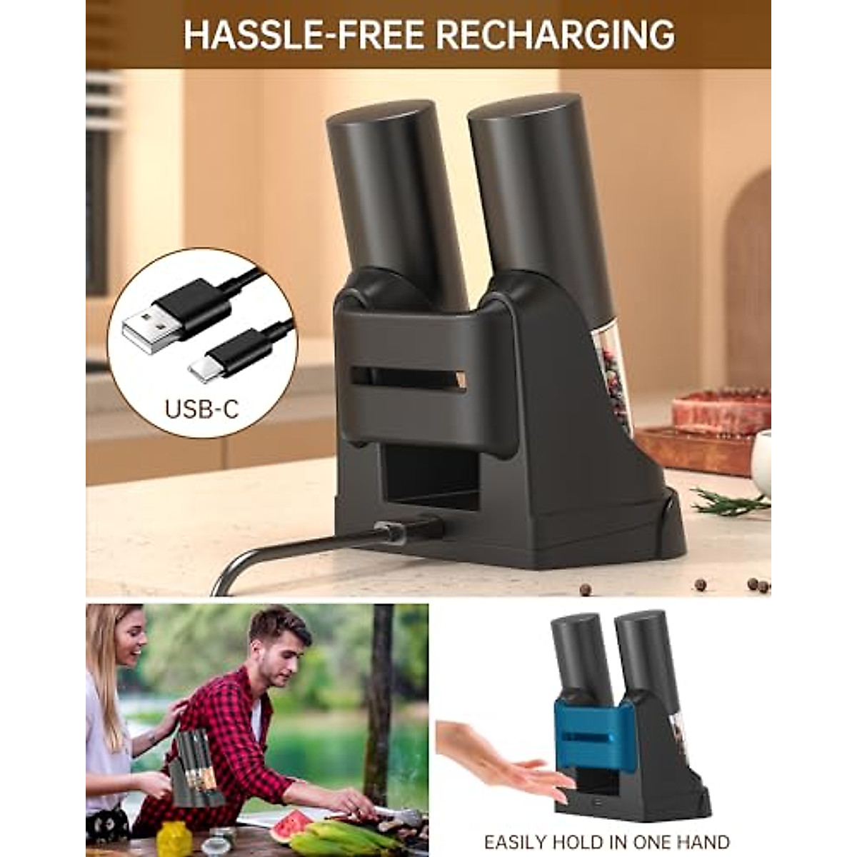 CIRCLE JOY Electric Salt and Pepper Grinder Set Automatic Salt and Pepper Grinder Set with Easy-to-Carry Charging Base and LED Light, Adjustable Coarseness, USB Rechargeable, Washable Container, Black