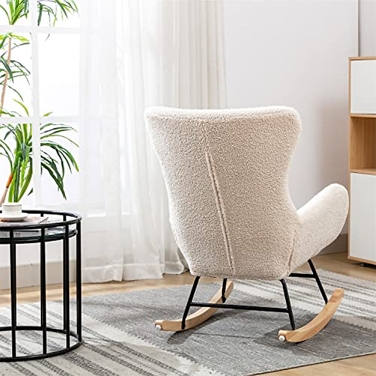 Tsuysi Teddy Rocking Chair Nursery, Upholstered Rocking Chairs with High Backrest and Armrests, Small Glider Chair for Nursery, Living Room, Bedroom (Beige)