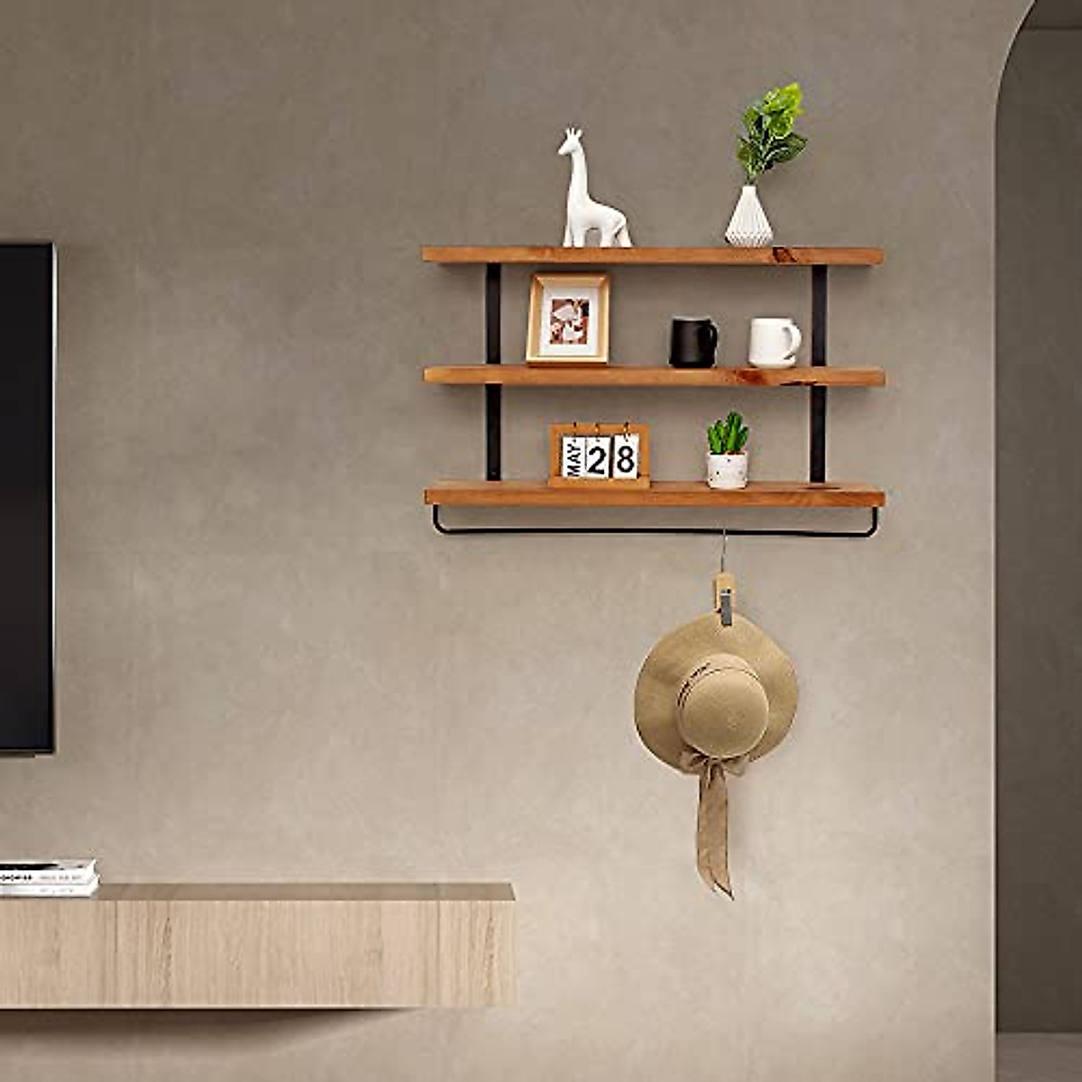 Coral Flower Industrial 3-Tier Floating Shelf with Towel Bar, Walnut