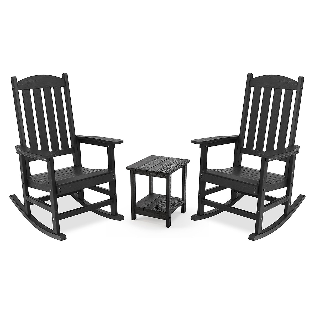 LUE BONA Outdoor Rocking Chairs Set of 3, 2 Chairs & 1 Table HDPS Poly Rocking Chair, All Weather Resistant, Heavy Duty Rocking Chair for Patio, Lawn, Garden, 300LBS, Black