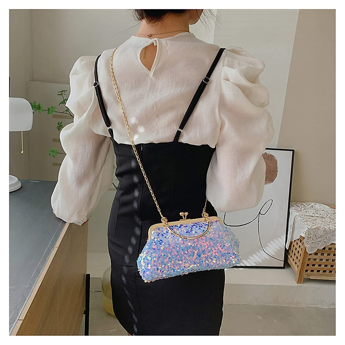 WIGUYUN Women Sequins Evening Handbag Glitter Top Handle Purse Chain Cross-body Bag Blue