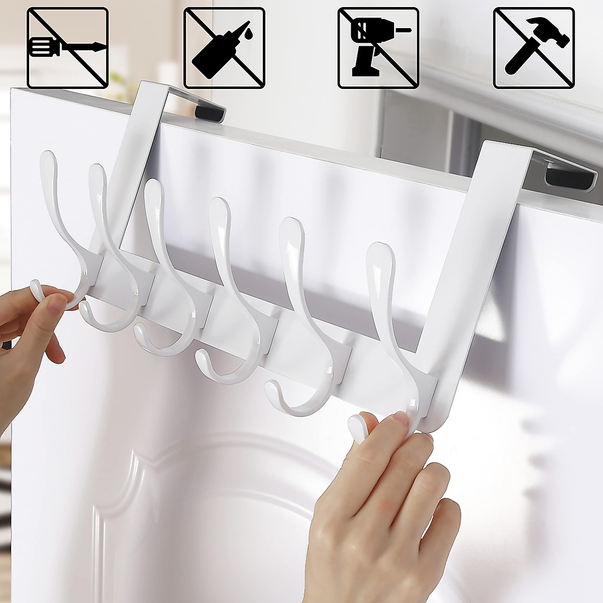 SKOLOO Over The Door Hooks - for doors up to 4.5cm thick, Stainless Steel Door Hanger with 6 Hooks, Over The Door Hanger for Coats Clothes Hat Towel Jacket, White