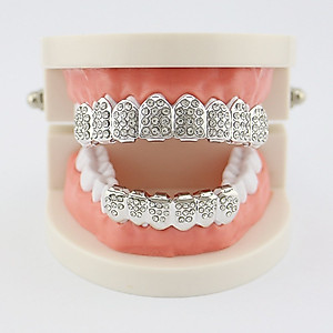 Gold Teeth Grillz for Men Grills for Your Teeth Women 18K Plated Iced Out Diamond Poker Heart CZ Top and Bottom Grill Set Hip Hop Rapper