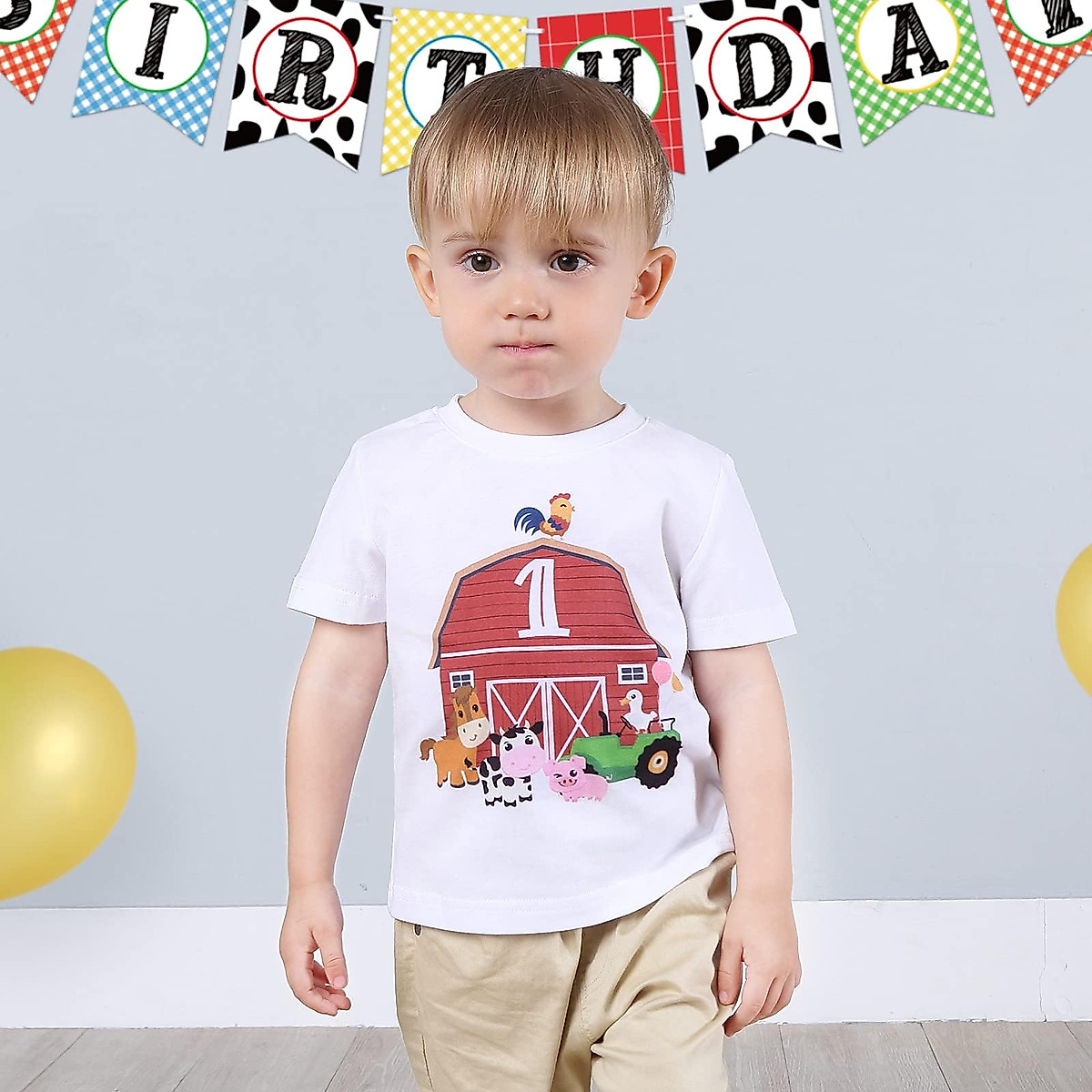 1st Birthday T-Shirt Baby Boy Toddler Farm Animal One 1 Year Old B-Day Tee Gift First Farm Animals Themed Birthday Party Top Tee Cotton T Shirt Printed Short Sleeve Outfit(White, 1T, 1_Year)
