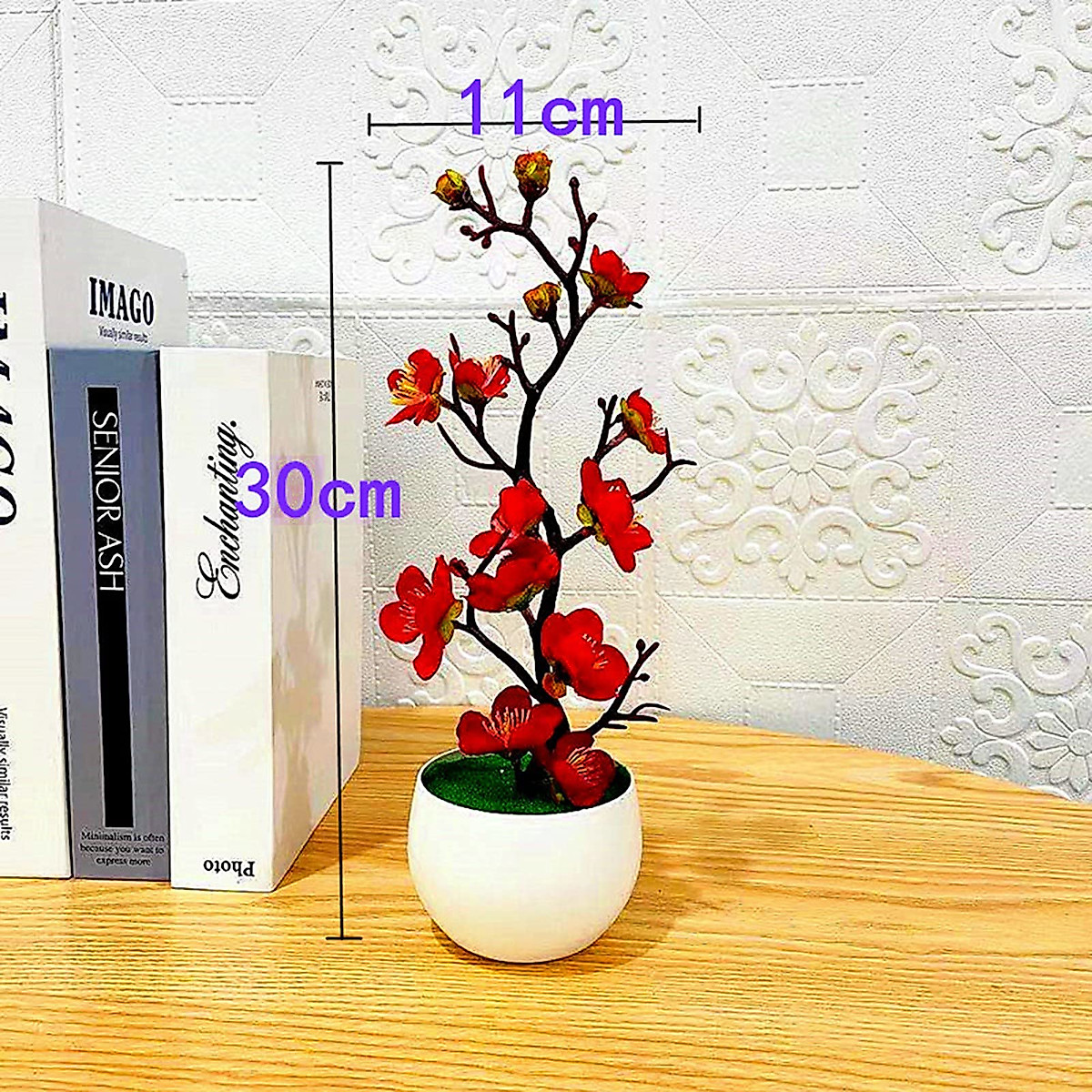 Artificial Flower in Pot Bonsai Realistic Anti Fade Faux Silk Flower Fake Plum Blossom Flower Plants Tabletops Potted Flowers Ornaments Home Hotel Garden Wedding Office Table Decoration White