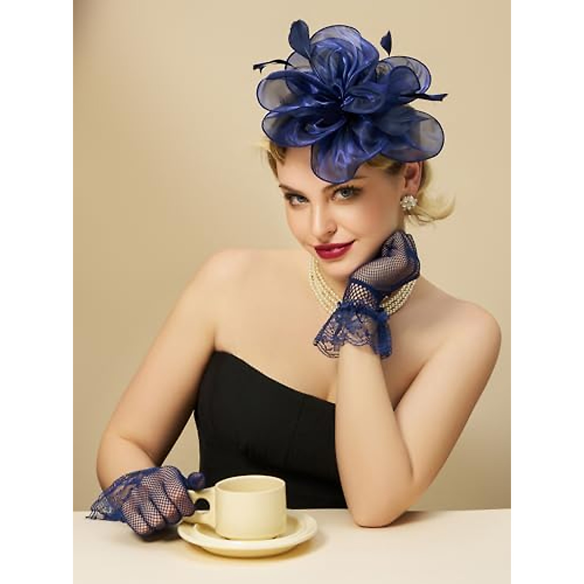 SWEETV Fascinators Hats for Women Tea Party Hat and Gloves Set for Kentucky Derby, Cocktail, Wedding, Fancy Dress Party Blue