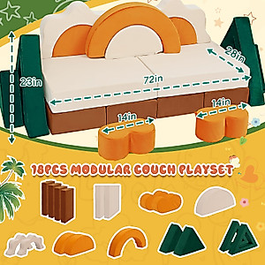 Erament 18PCS Modular Kids Play Couch - Junlge Theme Toddler Couch Building Fort, Convertible Sofa Foam Couch, Multifunctional Kids Sofa, Toddler Baby Playroom/Bedroom Furniture for Playing, Sleeping
