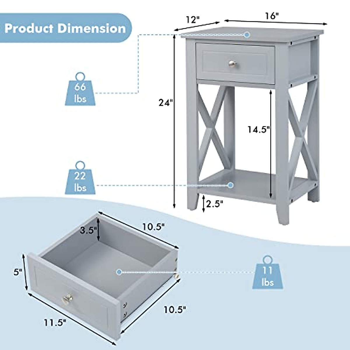 Giantex Modern X-Design Nightstand Set of 2, Bedside Table w/Drawer & Storage Shelf, Versatile Sofa Table End Table for Bedroom Hallway (2, Grey)