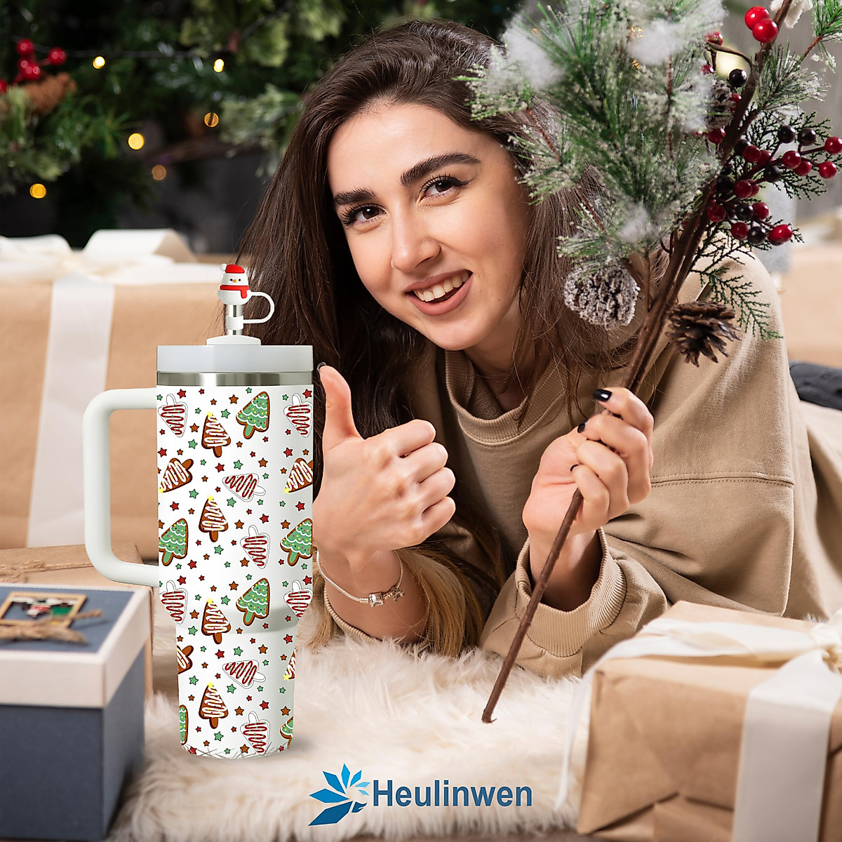 Christmas Tree 40oz Tumbler With Handle and Straw, Santa Stainless Steel Tumbler, Double Walled Noel Cup Gifts For Women Men