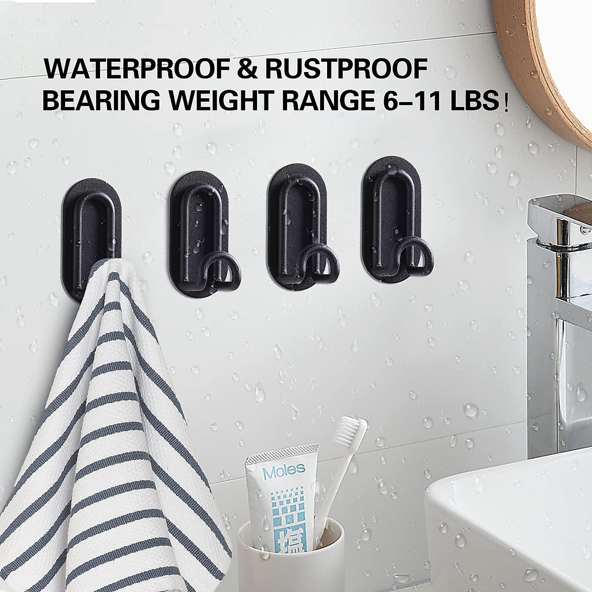 XZHXFXAdhesive Hooks,Matte Black Towel Hook,Sticky Hanger for Kitchen and Door,Bathroom Wall Hooks for Hanging Towel Robe Hat Coat Key,4Packs (Black)