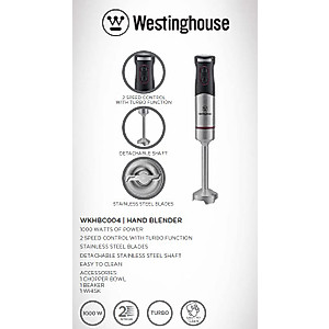Westinghouse 220 Volt Hand Blender 1000W - 3 in 1 Hand blender includes blending shaft, 500 ml chopper bowl, 700 ml beaker and whisk-220V 240V (Not For Use In USA)