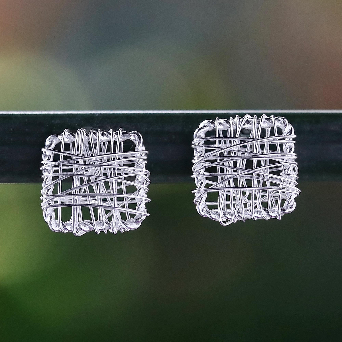 NOVICA Artisan Sterling Silver Stud Earrings Wrap Square Made Thailand No Stone Geometric [0.3 in L x 0.3 in W] ' Crisscross Square'