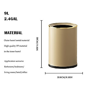 LEASYLIFE 2.3GAL Metal Trash Can, Modern Bathroom Garbage Can, Champagne Gold Fancy Gold Waste Paper Baskets for Bathroom,Bedroom,Living Room,Hotel,Office (9L-Champagne Gold)