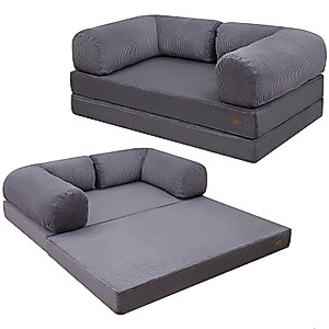 COMAX Futon Sofa Bed, 4-in-1 Floor Foldable Sofa Couch Bed Queen with L-Shaped Armrests, Convertible Folding Chair Bed Sleeper Mattress Fold Out Comfy Lounge for Living Room Bedroom, Dark Grey