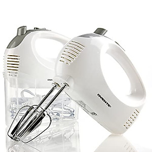 Ovente Portable 5 Speed Mixing Electric Hand Mixer with Stainless Steel Whisk Beater Attachments & Snap Storage Case, Compact Lightweight 150 Watt Powerful Blender for Baking & Cooking, White HM151W