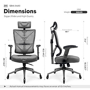 Ergonomic Mesh Office Chair - High Back Home Office Desk Chairs with Adjustable Headrest, 2D Flip-up Arms, Lumbar Support, Tilt Function and Rubber Wheels - Ergonomic Design for Back Pain,Gray
