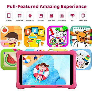 8 inch Tablet for Kids, Android 10 Kids Tablet with Parental Control, Kidoz Installed, 4000 mAh, HD Display, 32GB, Dual Camera, WiFi, Bluetooth, Google Play, Children Tablet with Shockproof Case, Pink