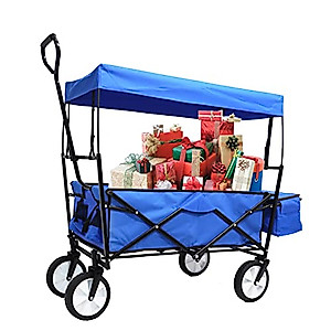Wagon Cart with Wheels Foldable,Utility Garden Cart with Canopy,Outdoor Utility Wagon with Heavy-Duty Steel Frame,Collapsible Wagon,Red+Beige Trolley Cart Carry up to 150 Pounds (Blue)