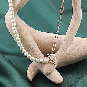 MJartoria Pearl Choker Necklace, 14K Gold Plated Paperclip Chain Necklace for Women, Toggle Clasp, Dainty Half Pearl Half Chain Necklace Trendy Jewelry Birthday Gifts