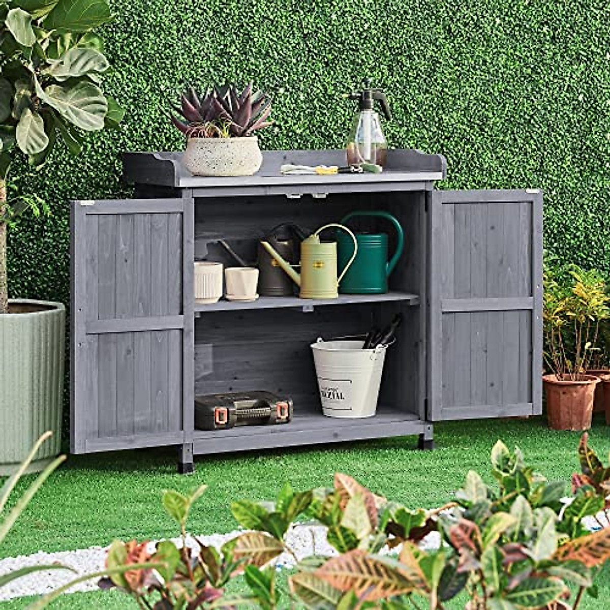 Yaheetech Garden Potting Bench Table - Outdoor Garden Patio Wooden Storage Cabinet & Solid Wood Planting Work Bench with Large Space Storage & Metal-Plated Tabletop, Gray
