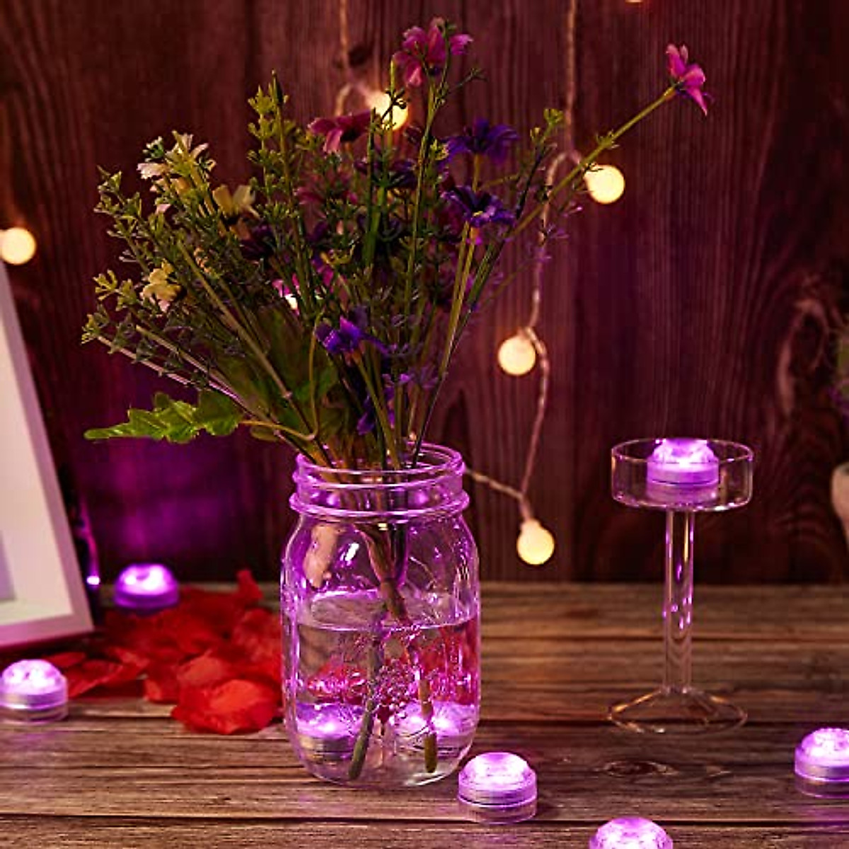 IMAGE Submersible LED Lights, 12 PCS LED Submersible Tea Lights Waterproof Floral Decoration Party Tea Lights, Battery Operated Flameless Tea Lights for Party, Wedding, Garden and Bath Pink
