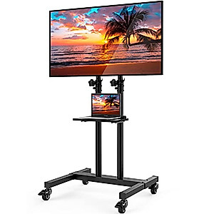 Mobile TV Stand with Wheels for 32 to 70 Inch Flat/Curved Panel Screen TVs Tilting TV Cart Height Adjustable Max VESA 600x400mm Extra Tall Rolling Floor Stand w/Shelf Supports TV up to 99lbs PGTVMC03