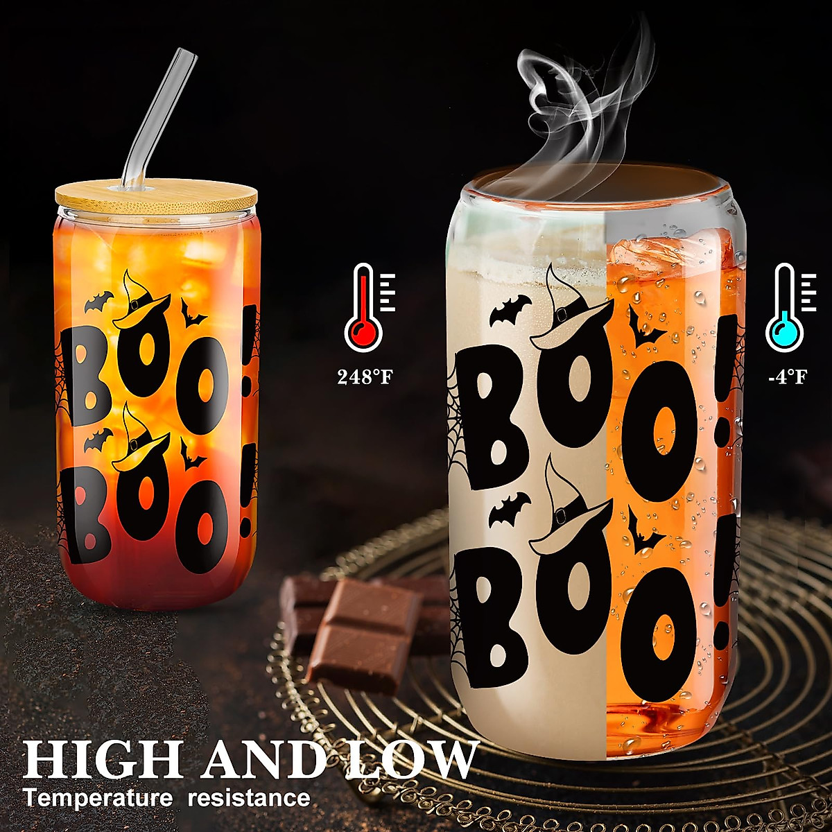 meekoo 6 Pcs Halloween Glass Cups 16 oz Iced Coffee Cups Pumpkins Bat Ghost Beer Tumblers with Lids and Straws Spooky Mug Mason Jar Glass for Halloween Party(Classic)