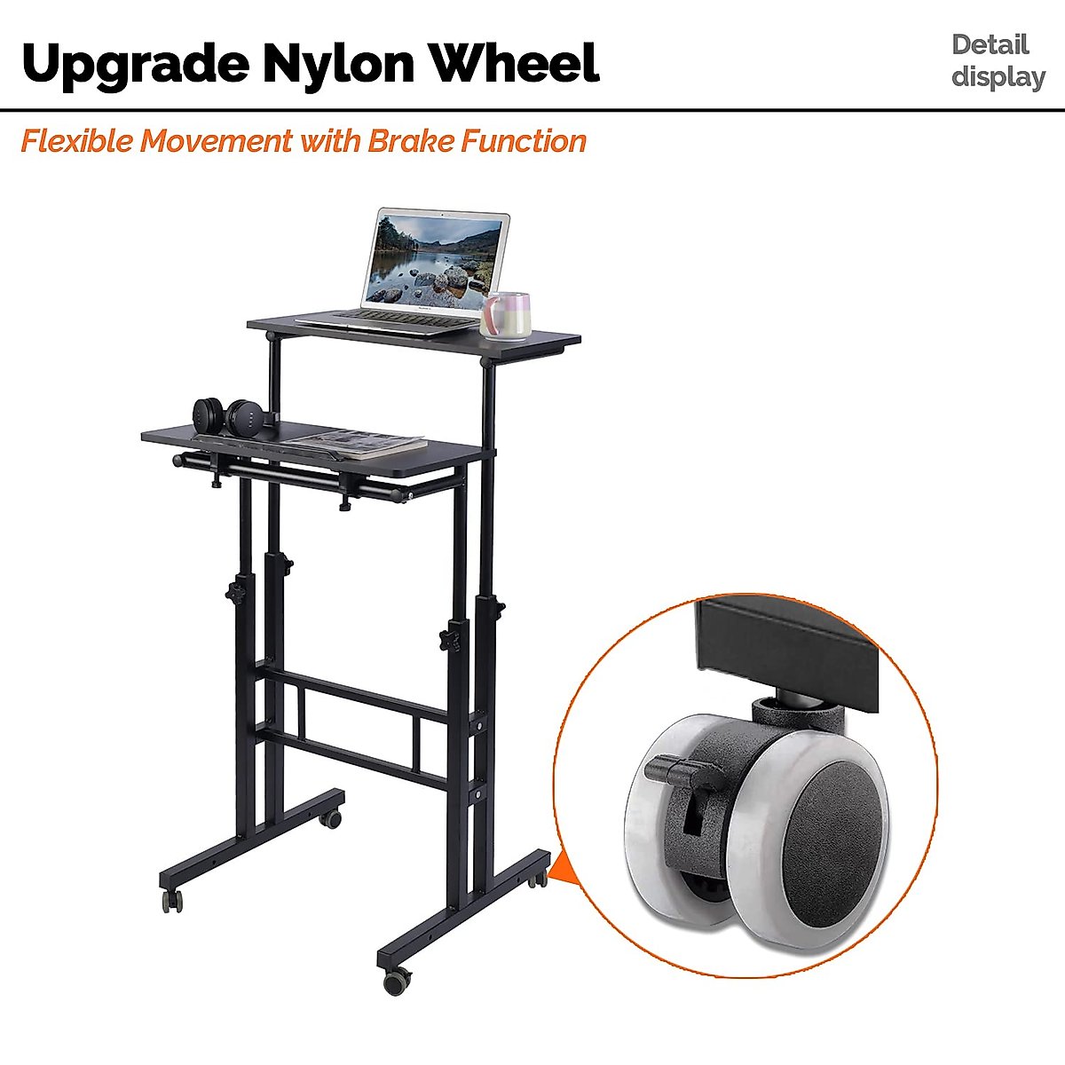 AIZ Mobile Standing Desk, Adjustable Computer Desk Rolling Laptop Desk Cart on Wheels Home Office Computer Workstation, Portable Laptop Stand Tall Table for Standing or Sitting, Black Willow